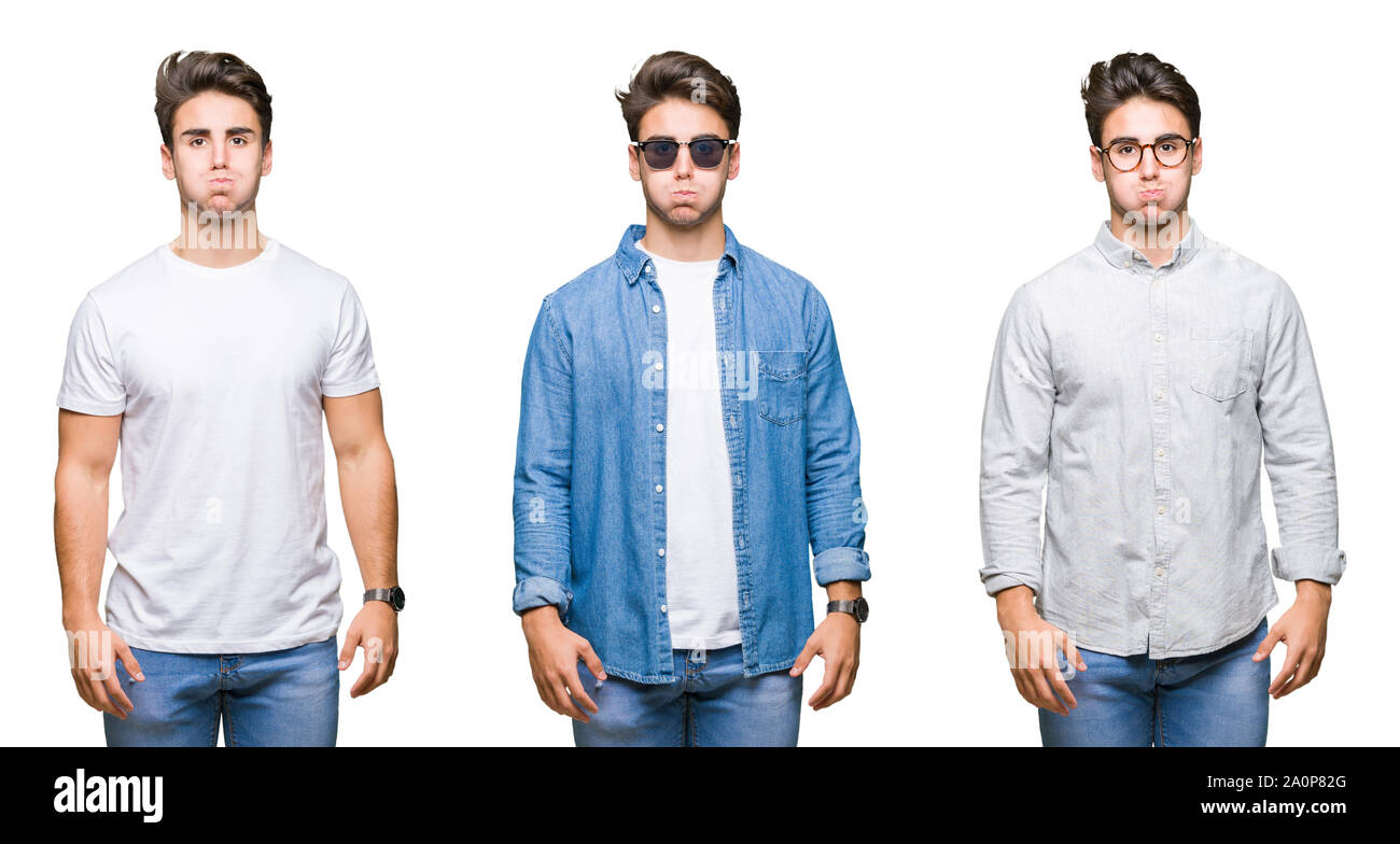 Collage of young handsome man over isolated background puffing cheeks ...