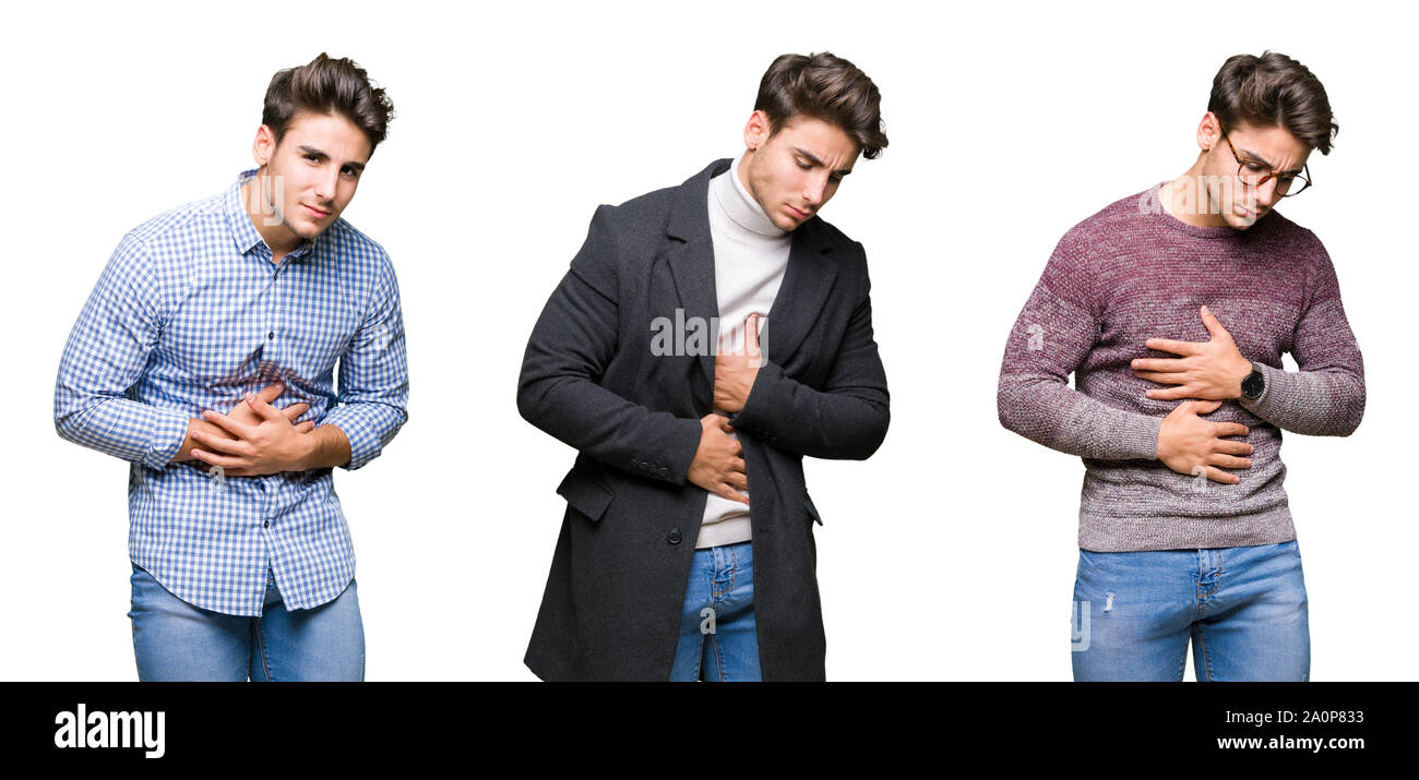 Collage of young handsome business man over isolated background with ...