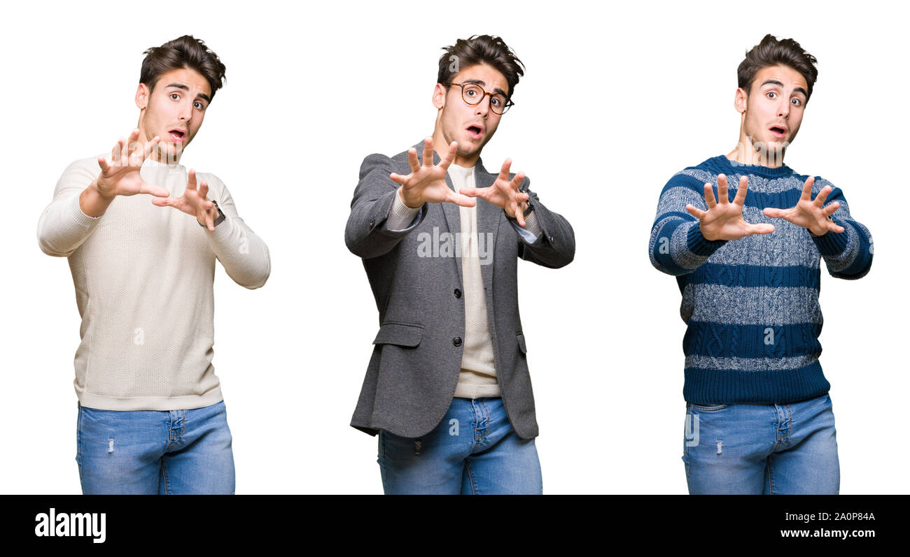 Collage of young handsome business man over isolated background afraid ...