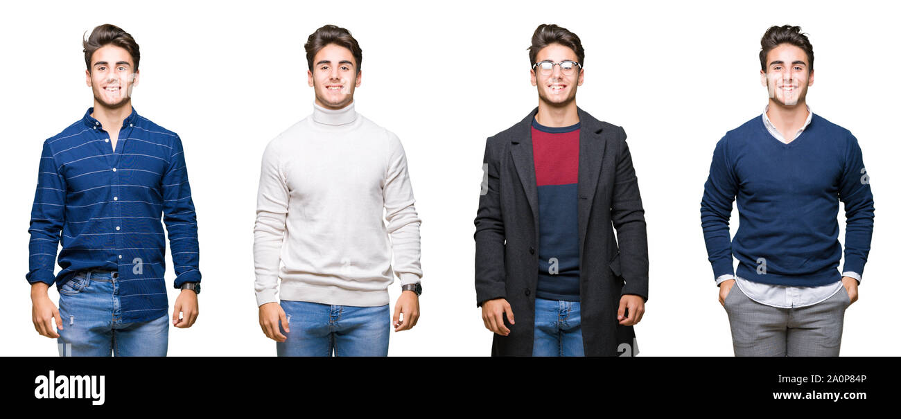 Collage of young handsome business man over isolated background with a ...