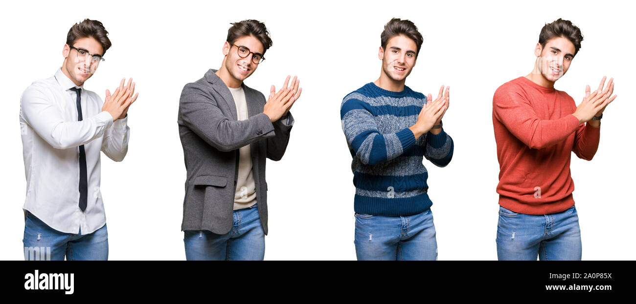 Collage of young handsome business man over isolated background ...