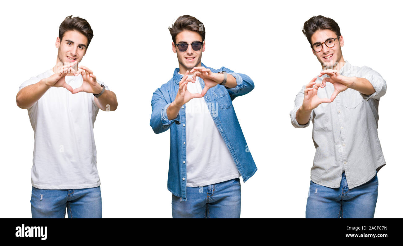 Collage of young handsome man over isolated background smiling in love ...