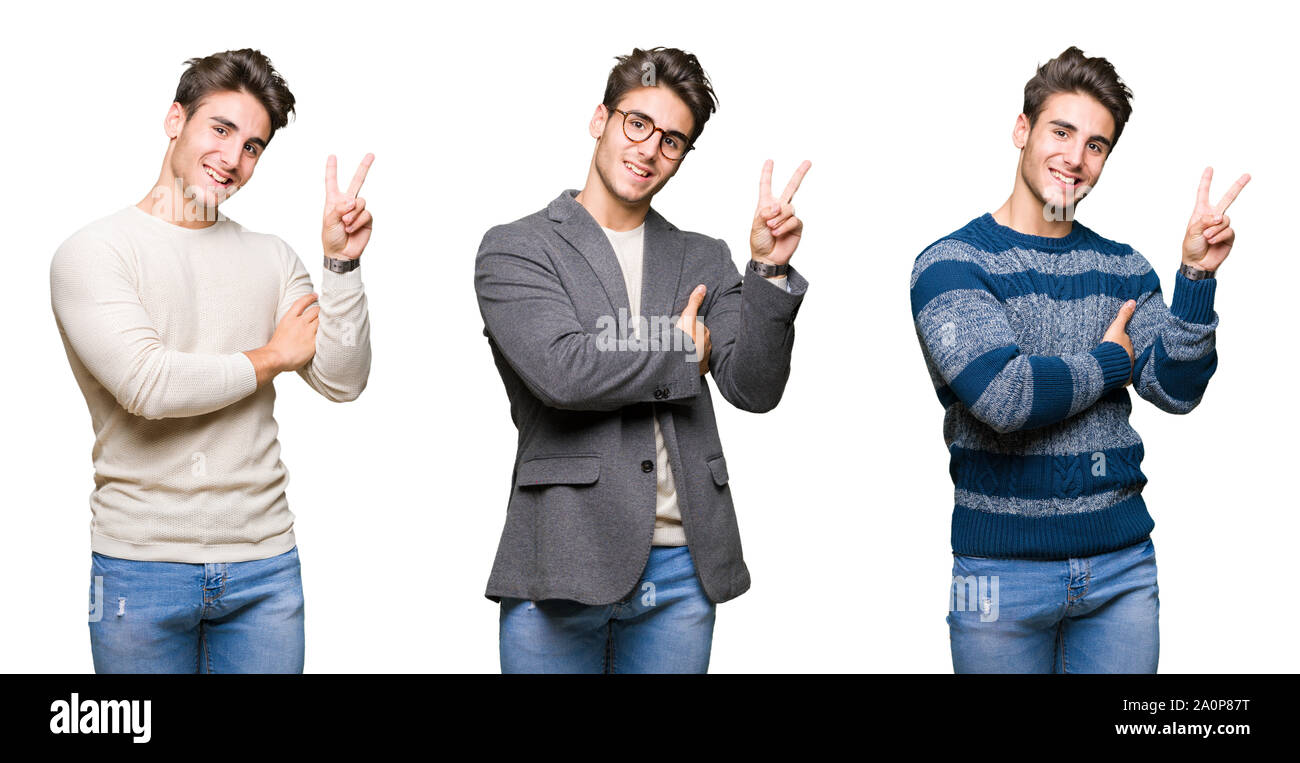 Collage of young handsome business man over isolated background smiling ...