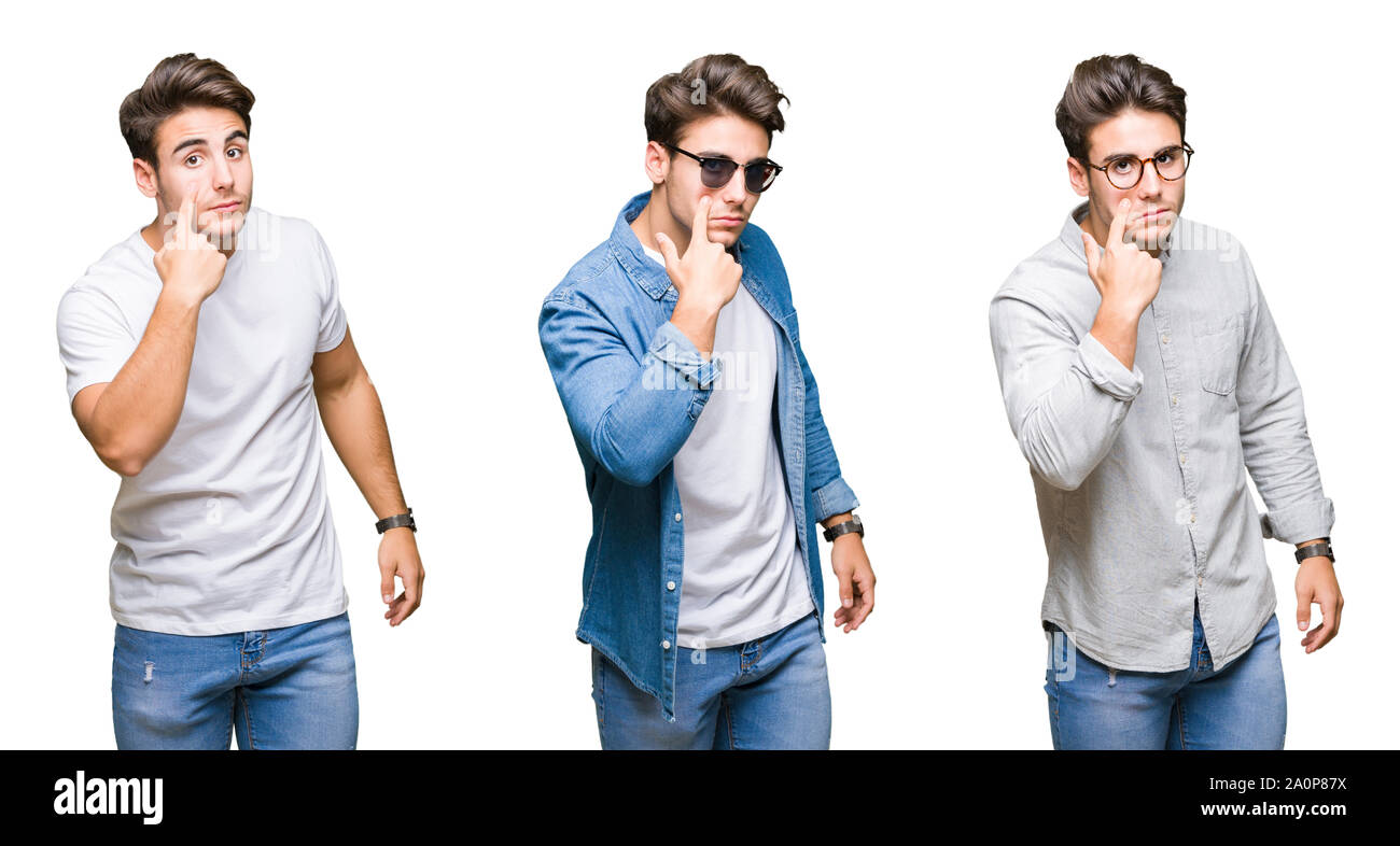 Collage of young handsome man wearing sunglasses over isolated ...