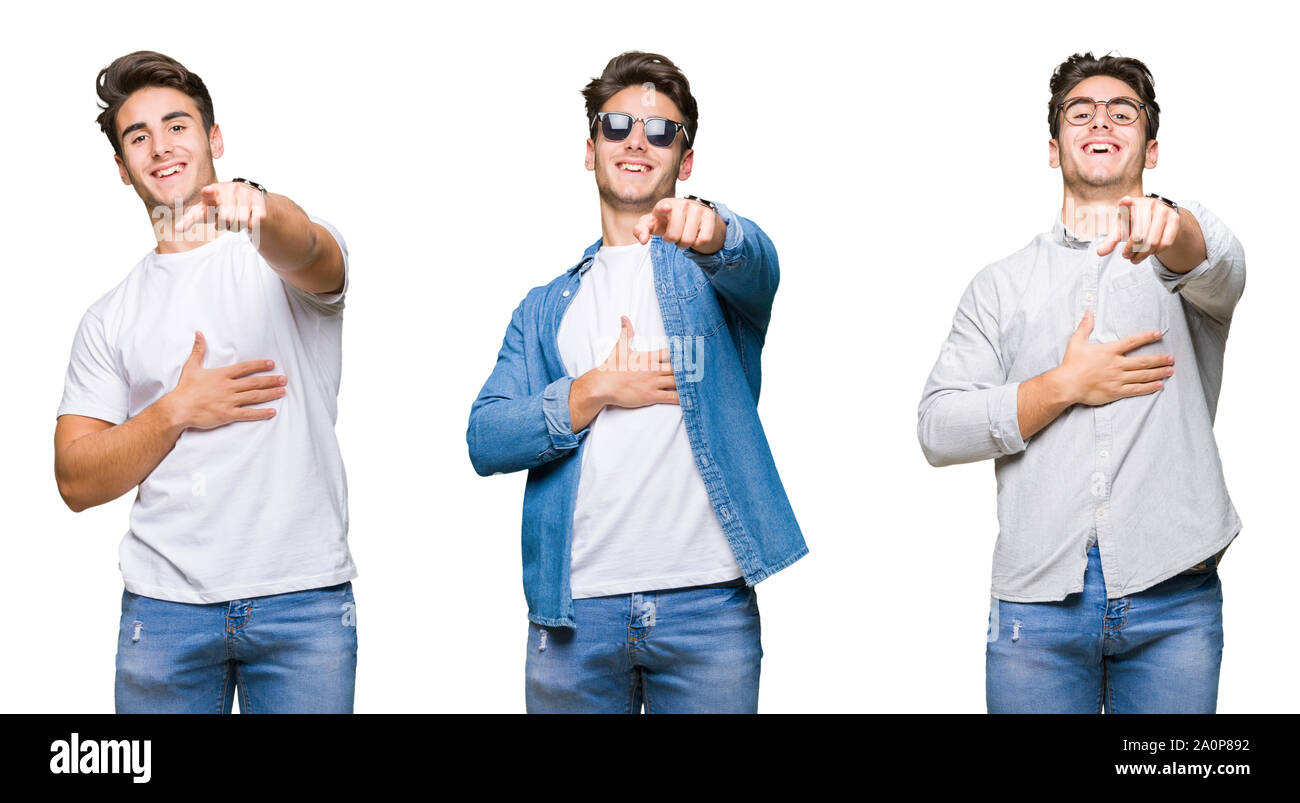 Collage of young handsome man wearing sunglasses over isolated ...