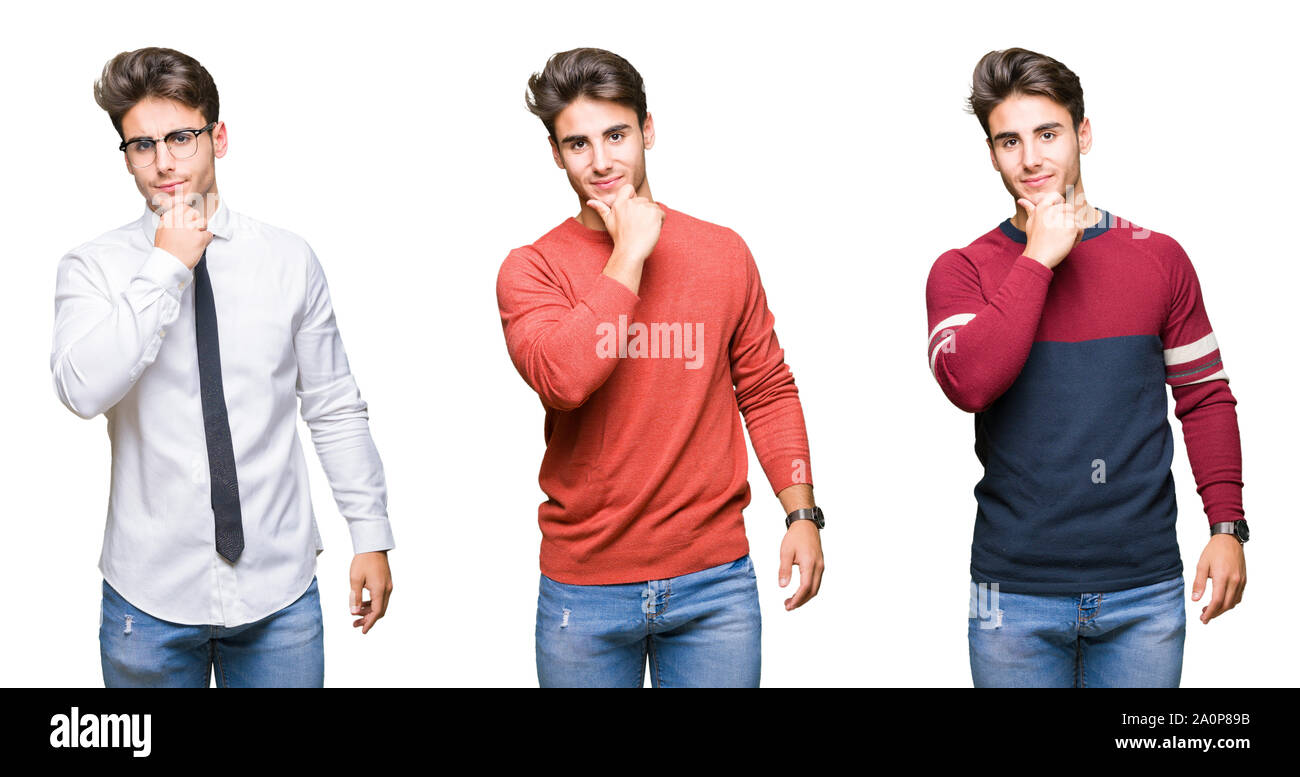 Collage of young handsome business man over isolated background looking ...