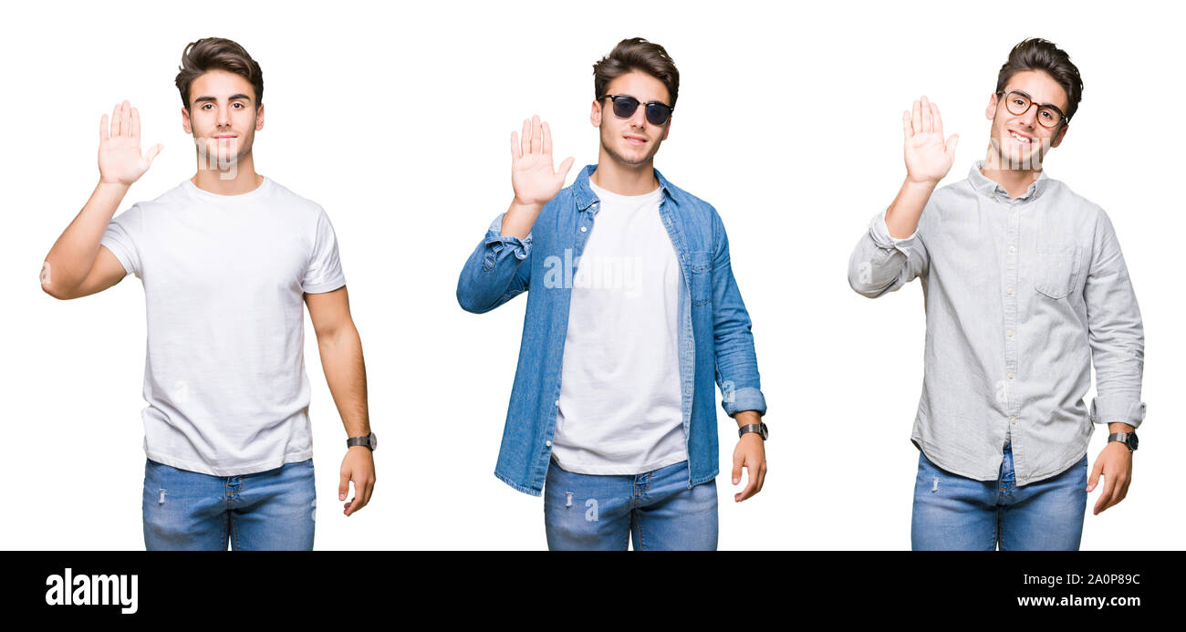 Collage of young handsome man wearing sunglasses over isolated ...