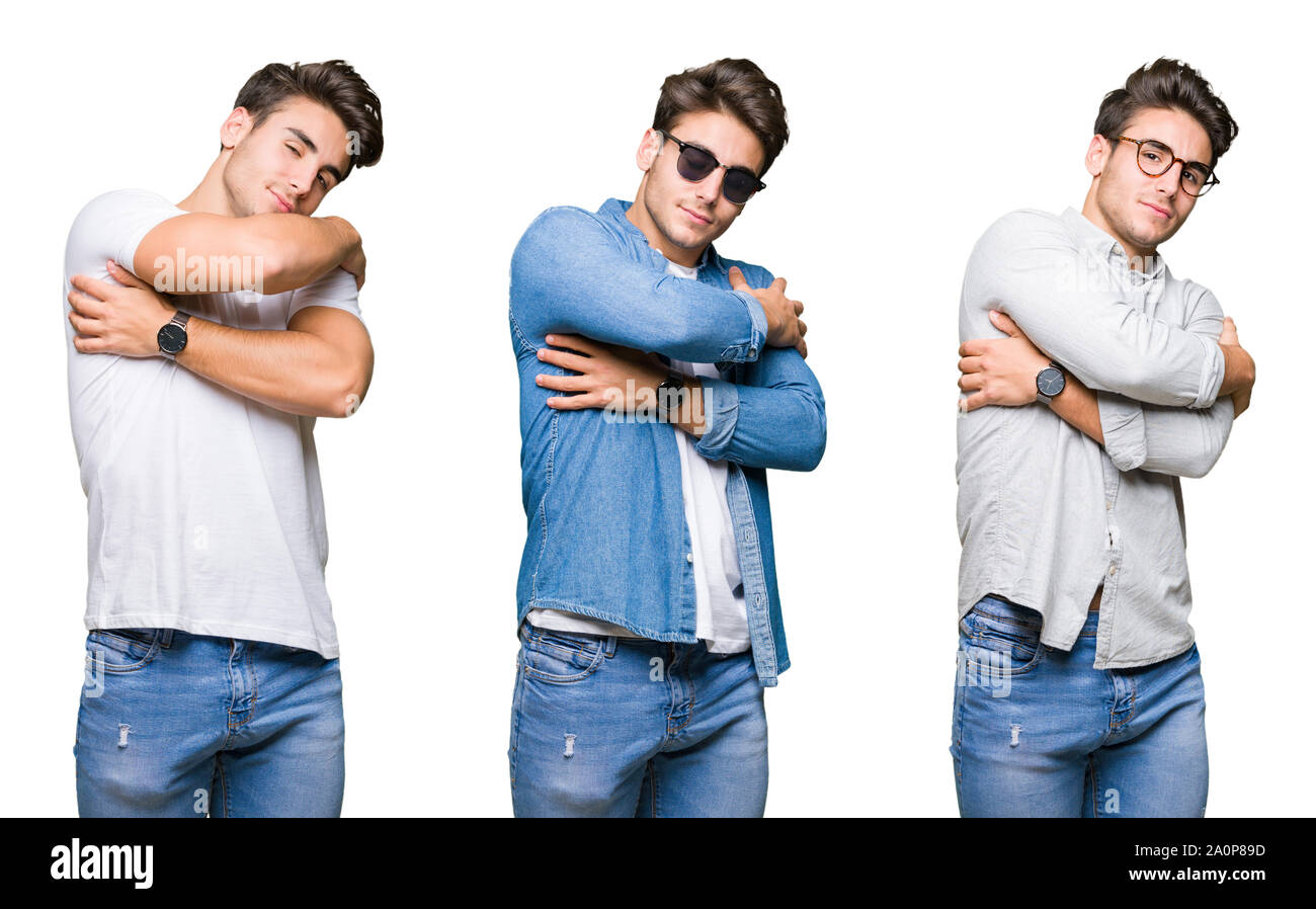 Collage of young handsome man wearing sunglasses over isolated ...