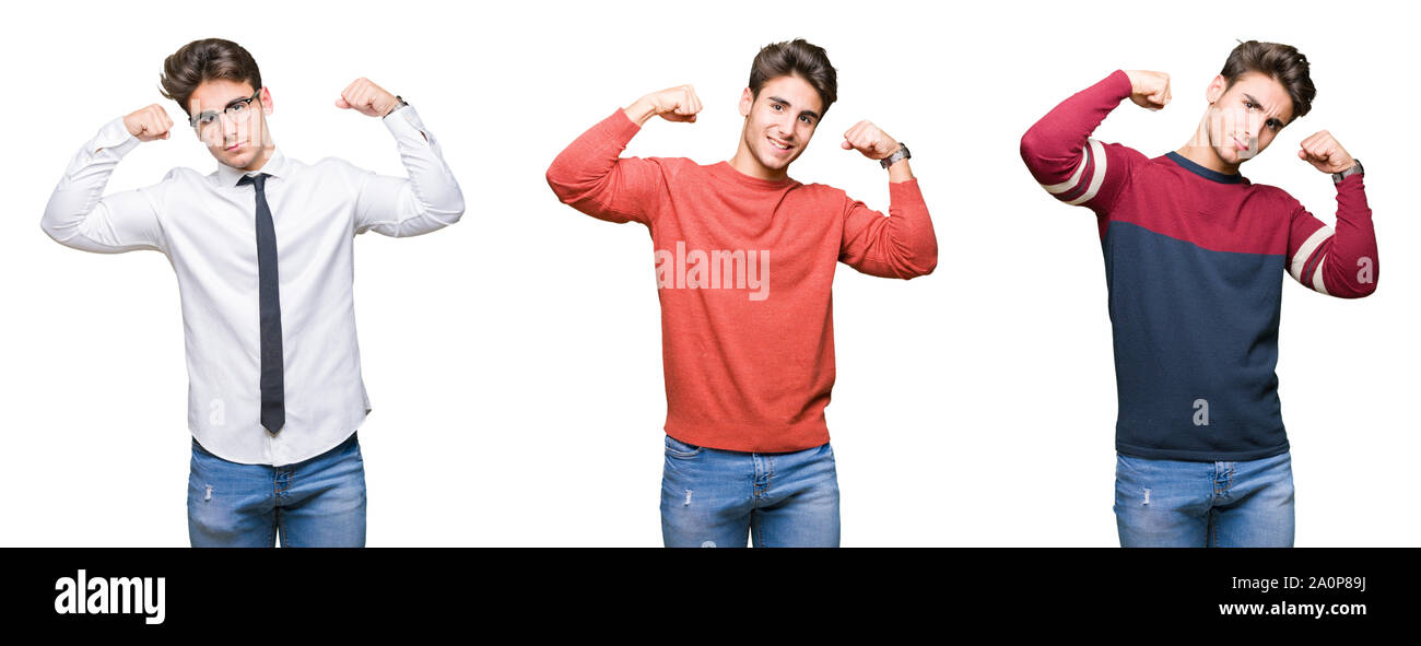 Collage of young handsome business man over isolated background showing ...