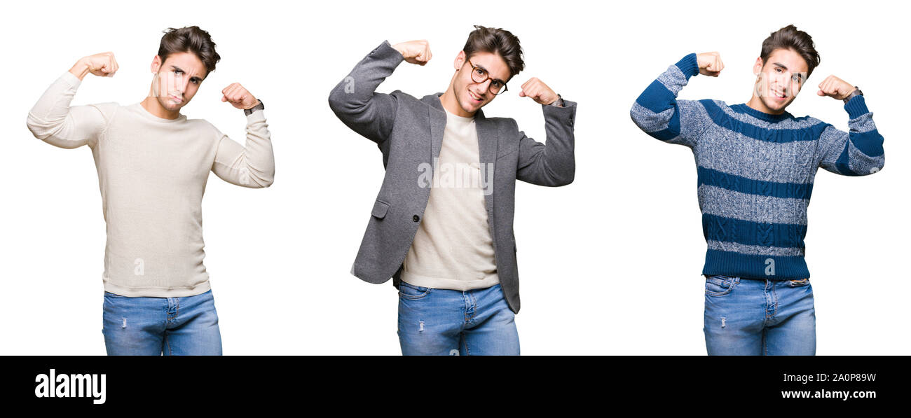 Collage of young handsome business man over isolated background showing ...