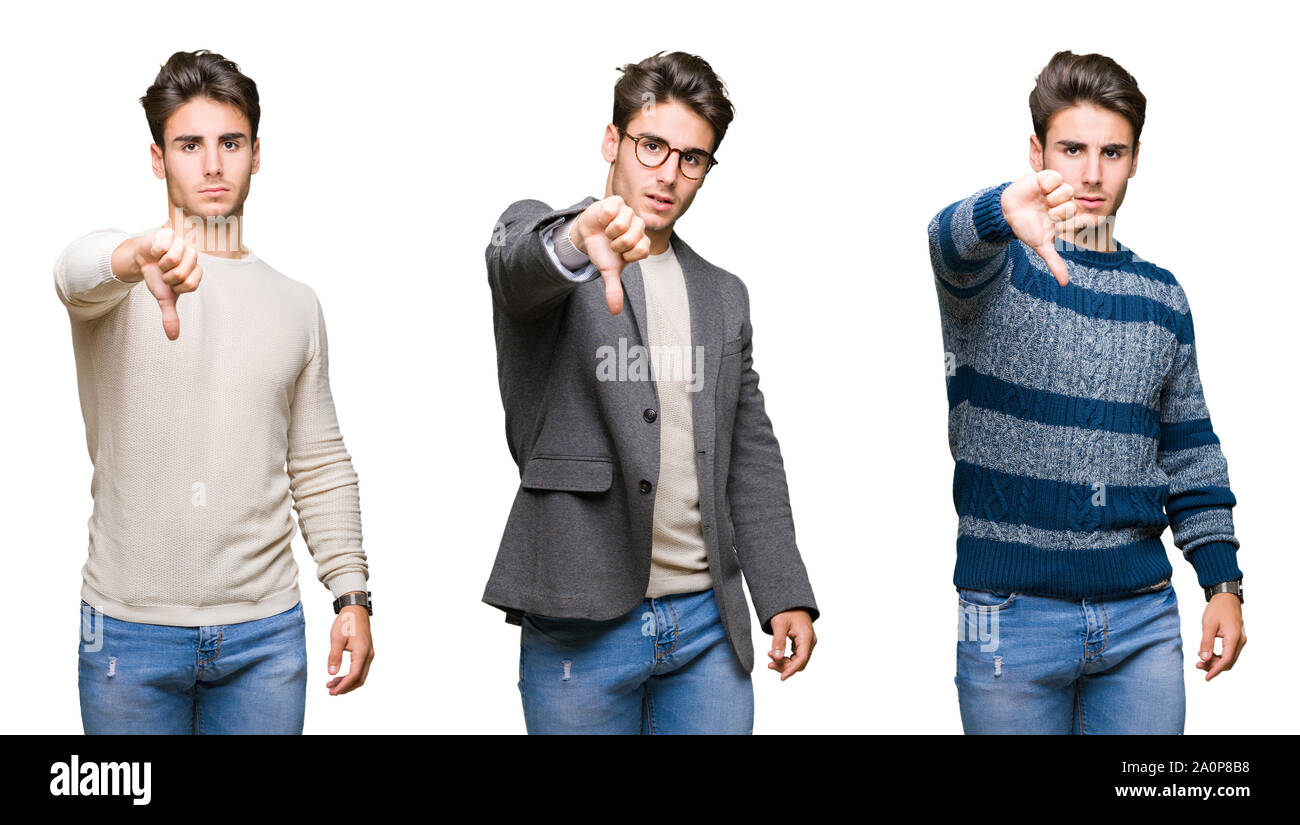 Collage of young handsome business man over isolated background looking ...