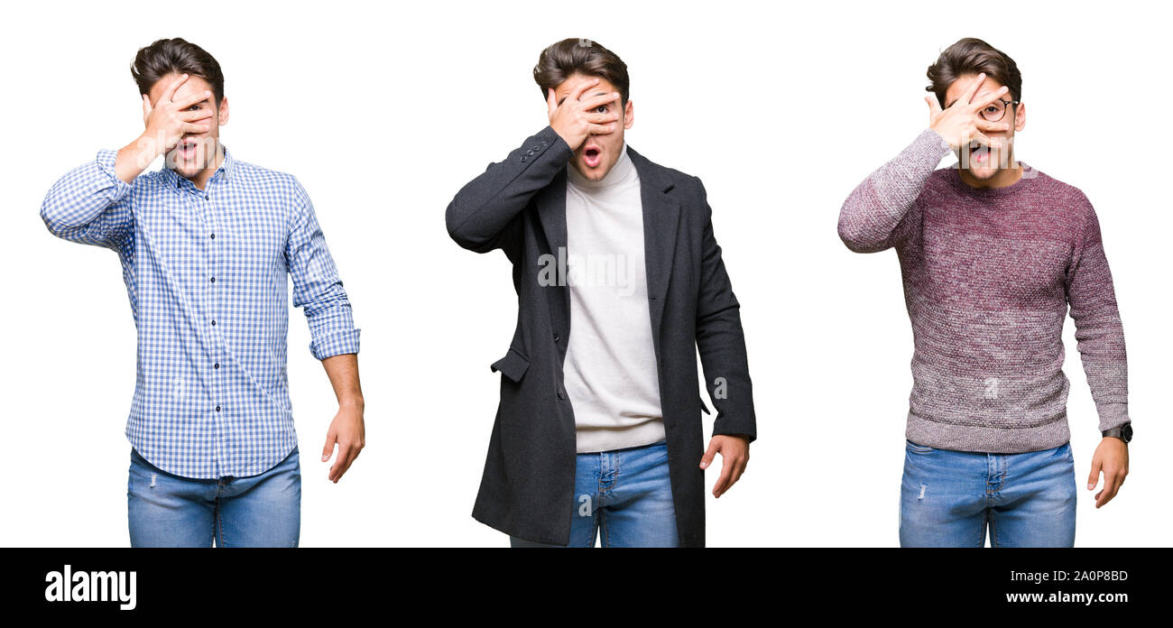Collage of young handsome business man over isolated background peeking ...