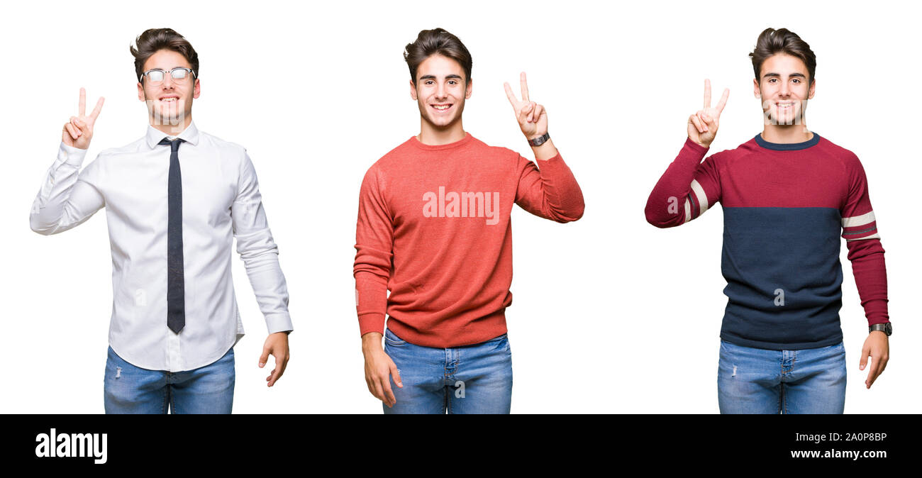 Collage of young handsome business man over isolated background showing ...