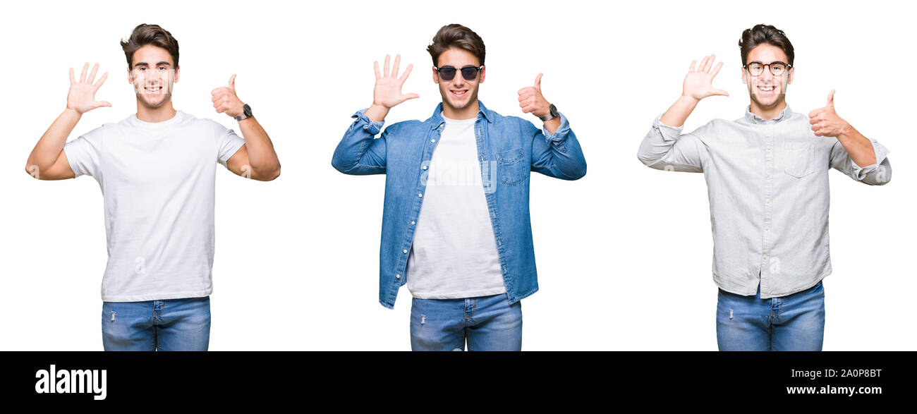 Collage of young handsome man over isolated background showing and ...