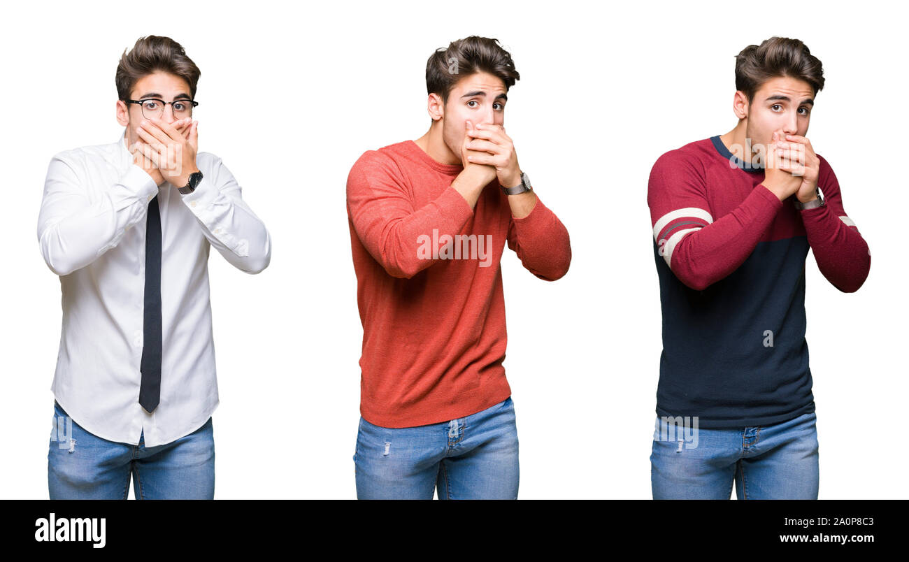 Collage of young handsome business man over isolated background shocked ...