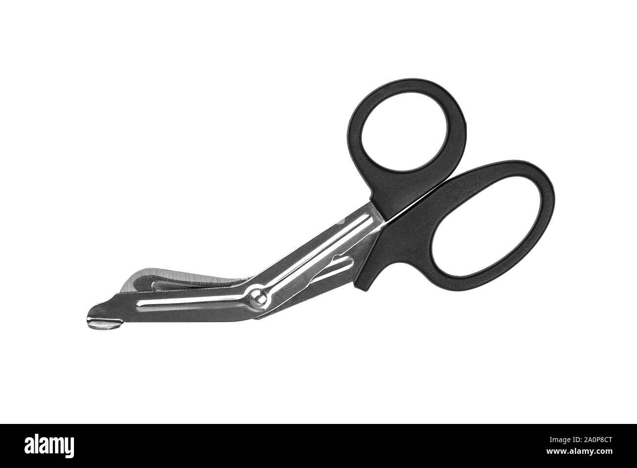 Medical scissors with black plastic handles isolate on a white ...