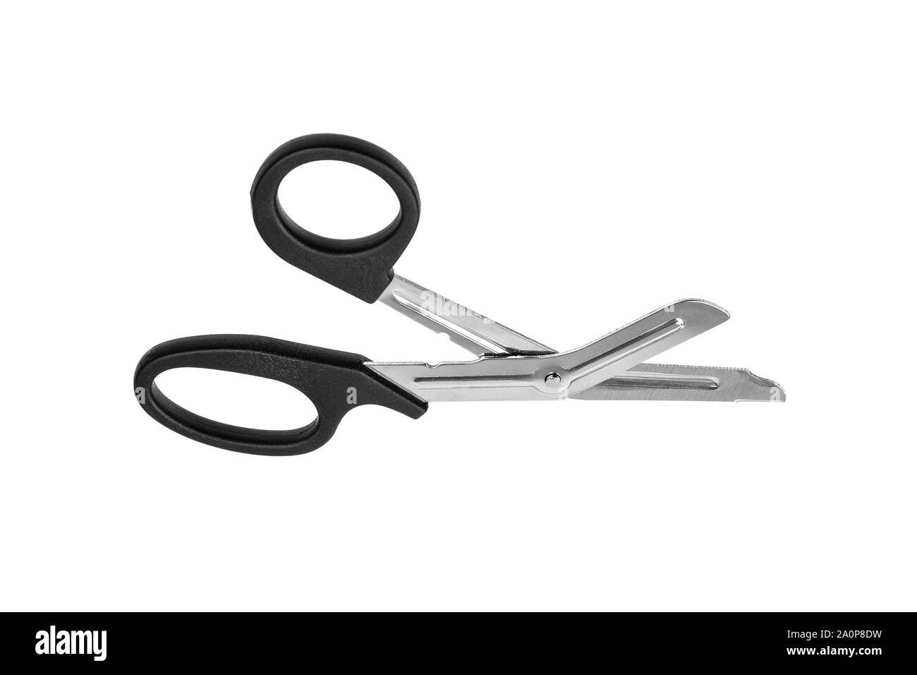 Medical scissors with black plastic handles isolate on a white ...