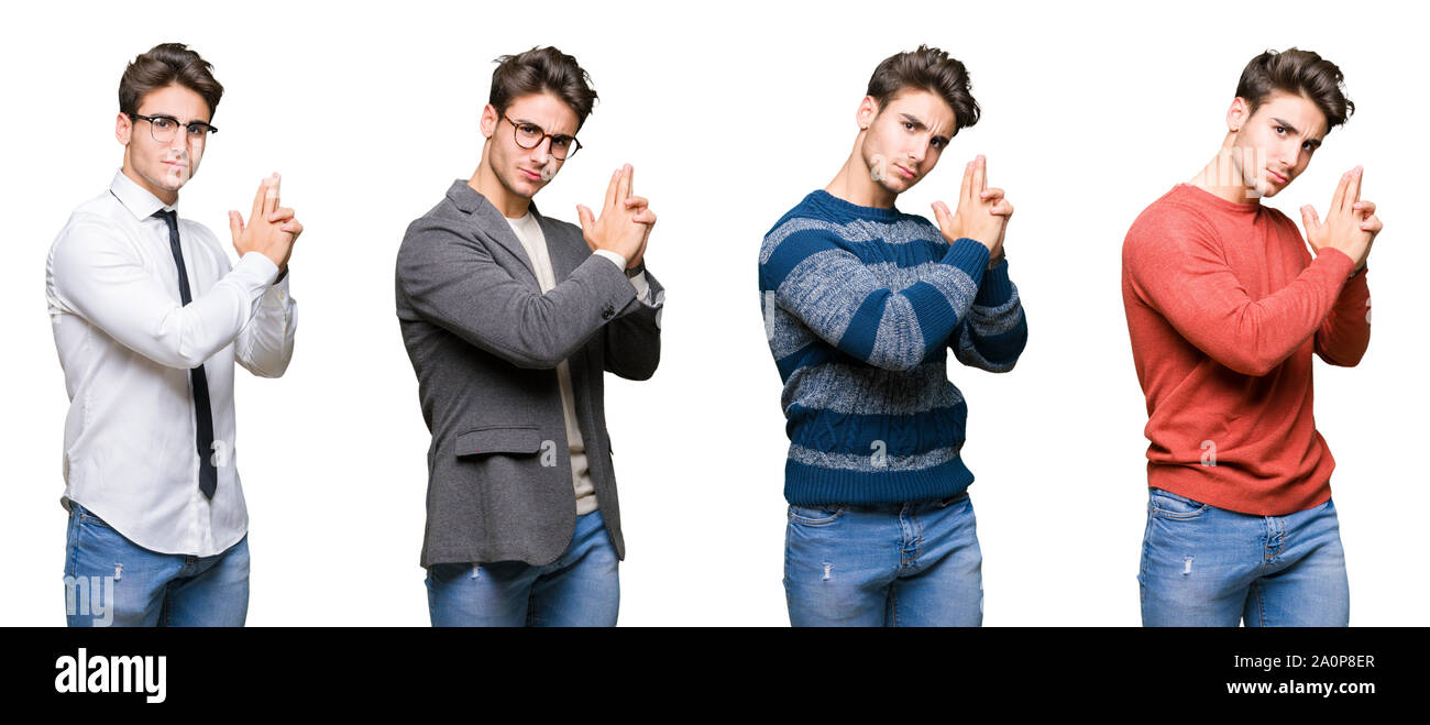 Collage of young handsome business man over isolated background Holding ...
