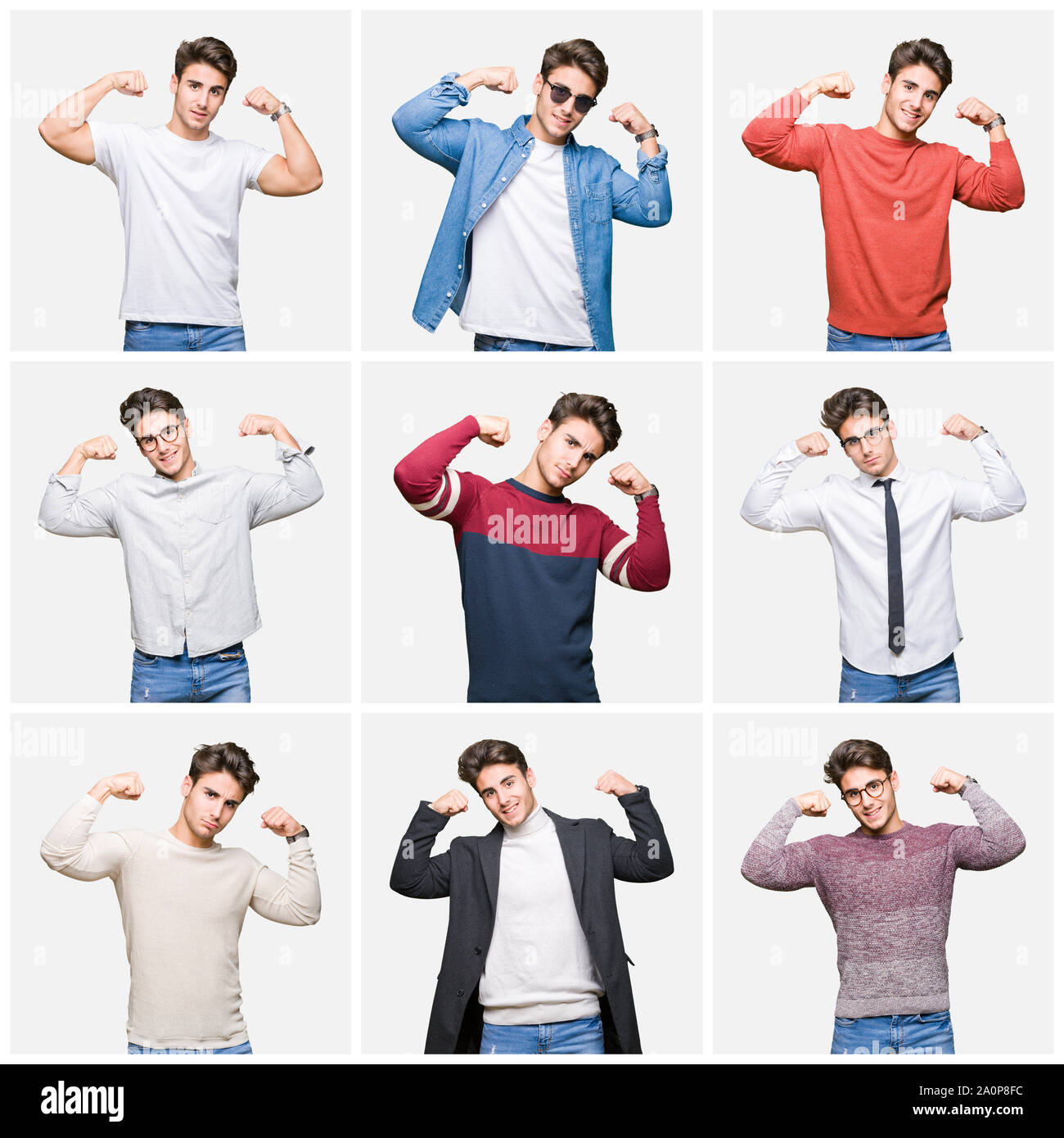 Collage of young handsome business man over isolated background showing ...