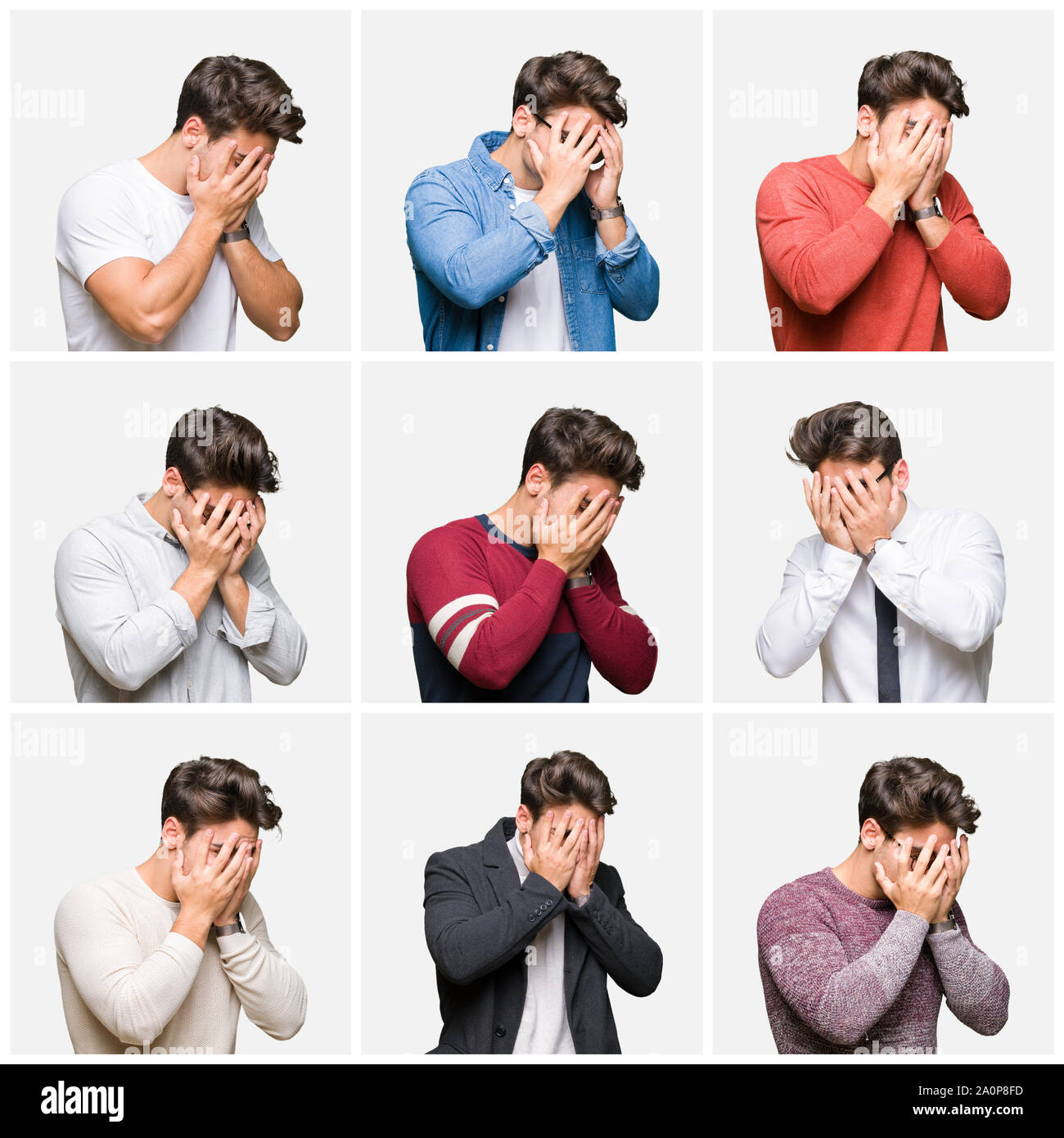 Collage of young handsome business man over isolated background with sad expression covering ...