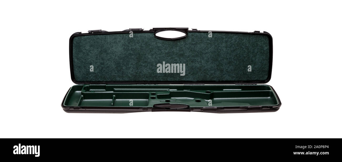 An open black plastic case with green velvet inside. Weapon case ...