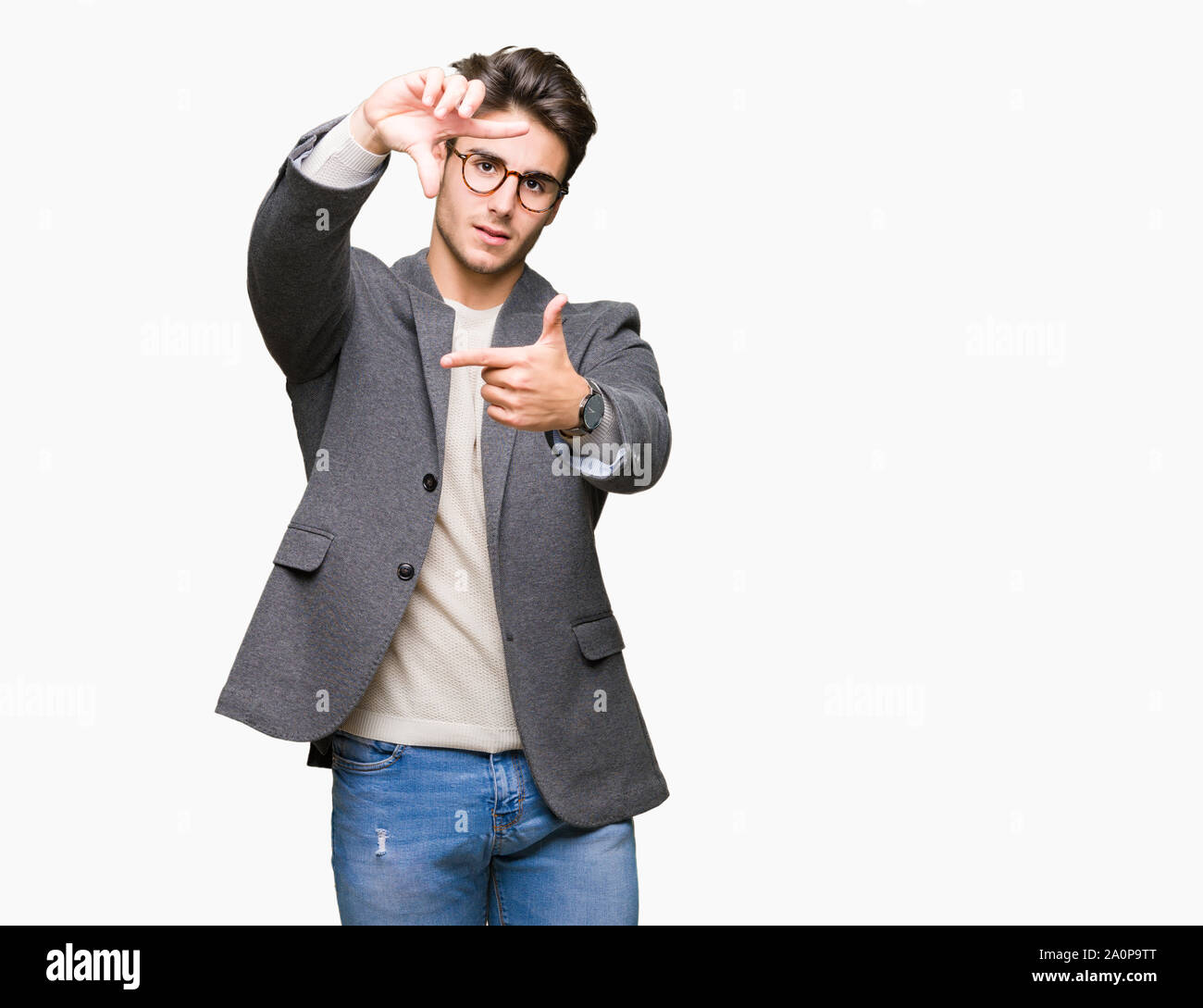 Young business man wearing glasses over isolated background smiling ...