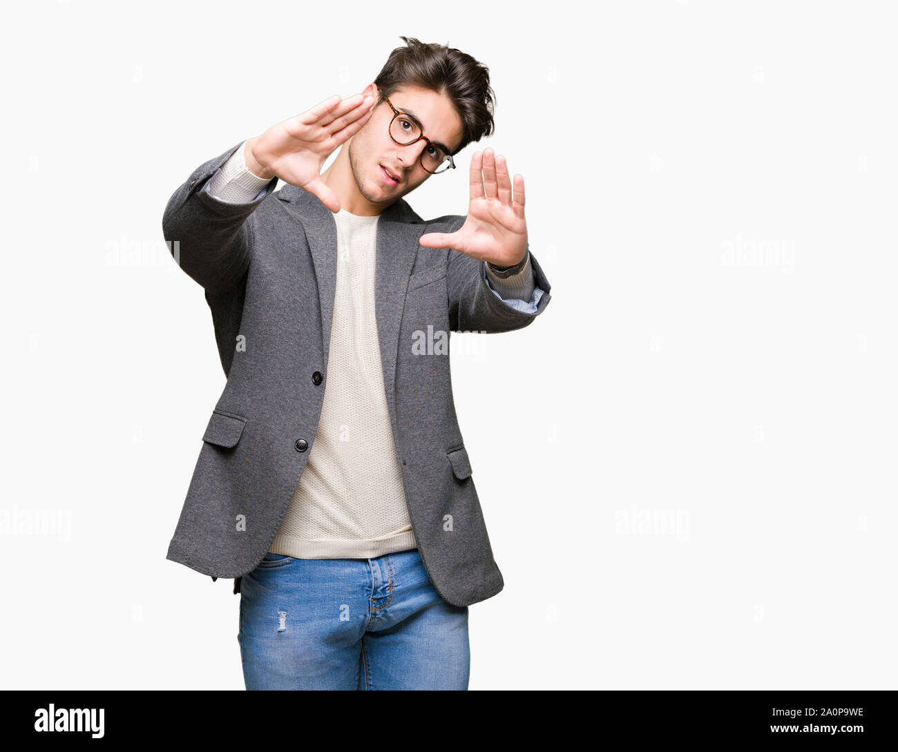 Young business man wearing glasses over isolated background Smiling ...