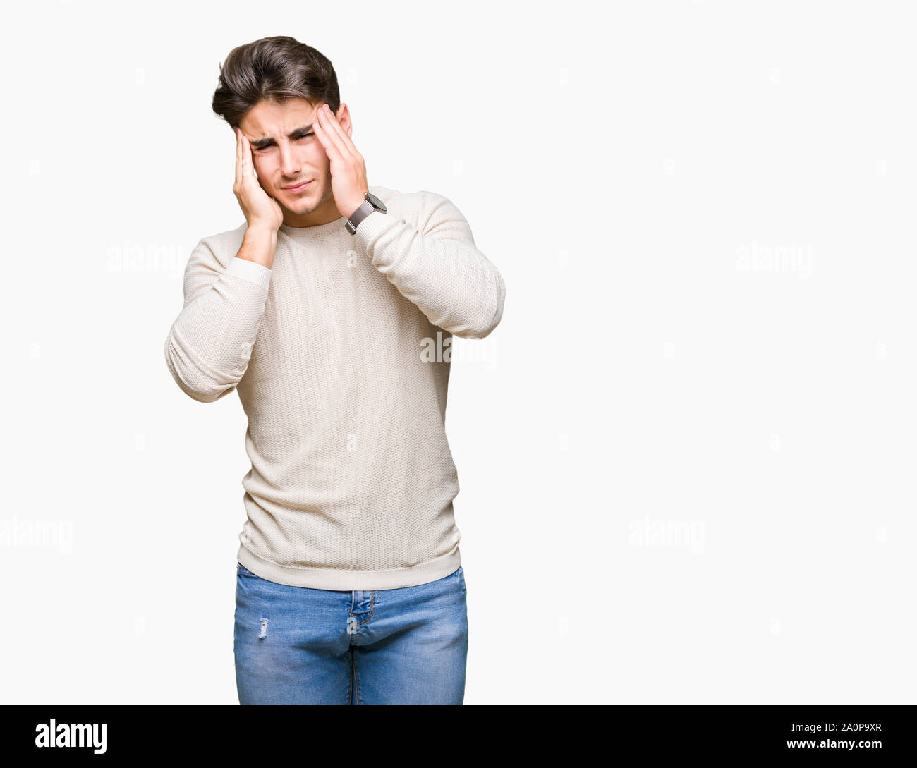 Young handsome man over isolated background with hand on head for pain ...