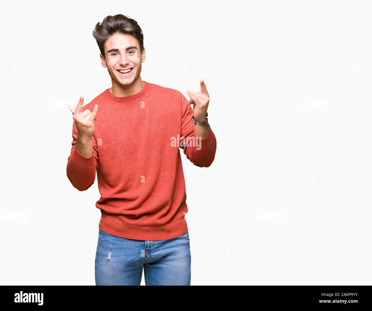 Young handsome man over isolated background shouting with crazy ...