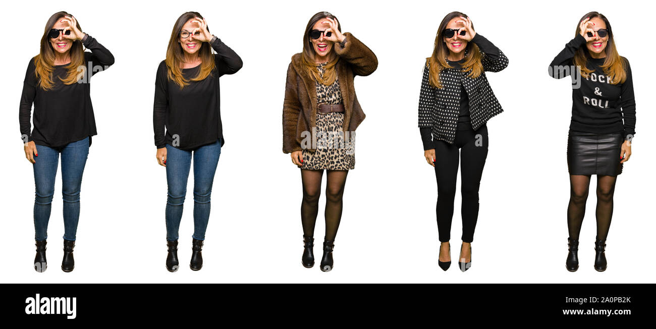 Collage of beautiful middle age woman wearing sunglasses over white ...