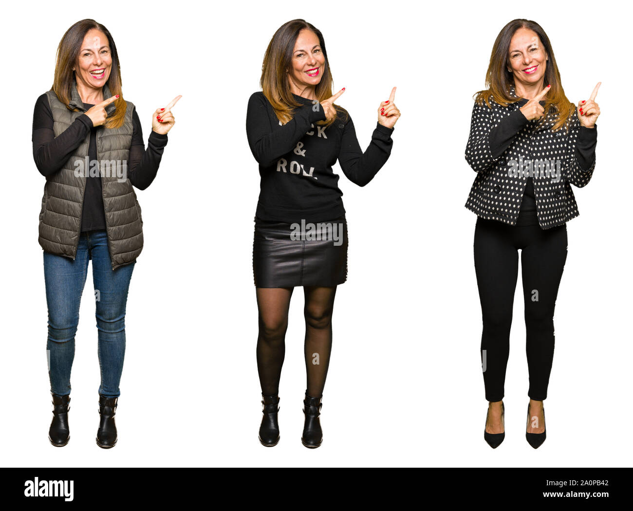 Collage of beautiful and fashion middle age woman over white isolated ...