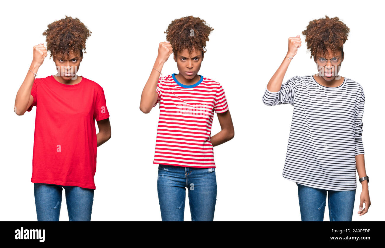 Collage of young beautiful african girl over isolated background angry ...