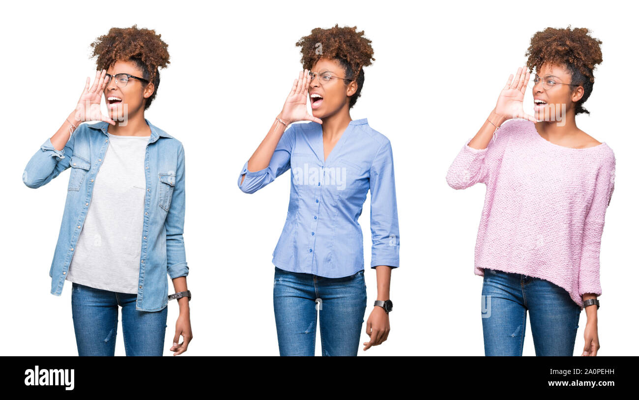 Collage of young beautiful african girl over isolated background ...