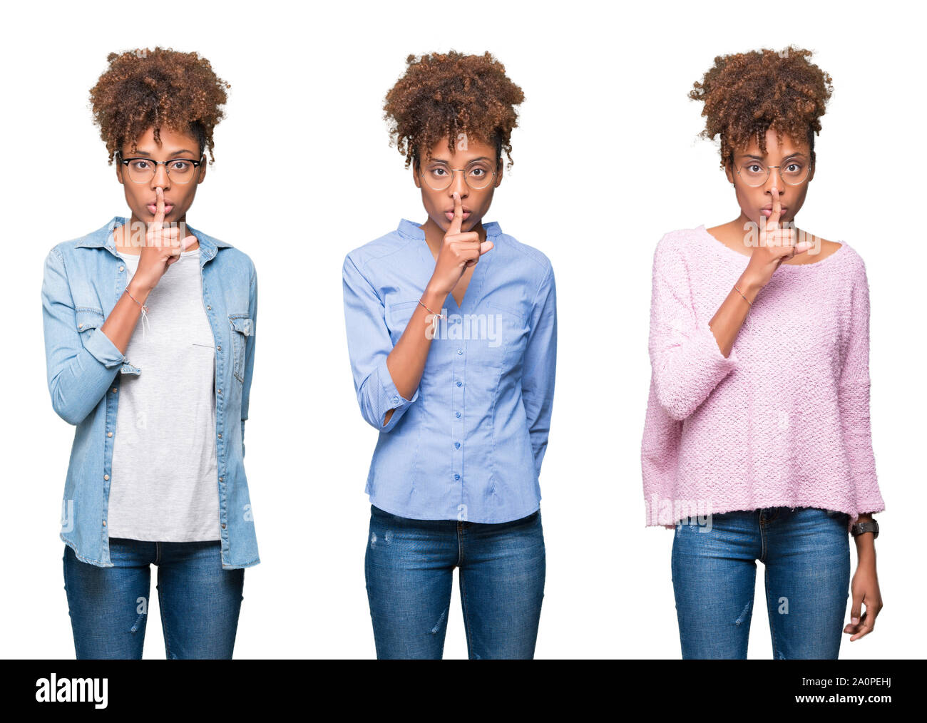 Collage of young beautiful african girl over isolated background asking ...