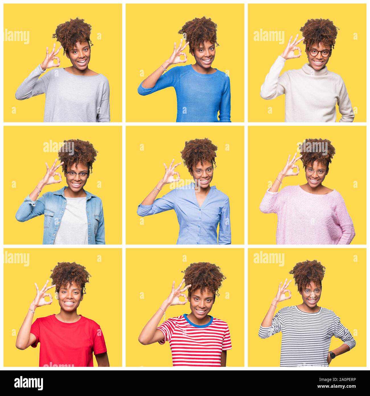 Collage of young beautiful african girl over yellow isolated background ...