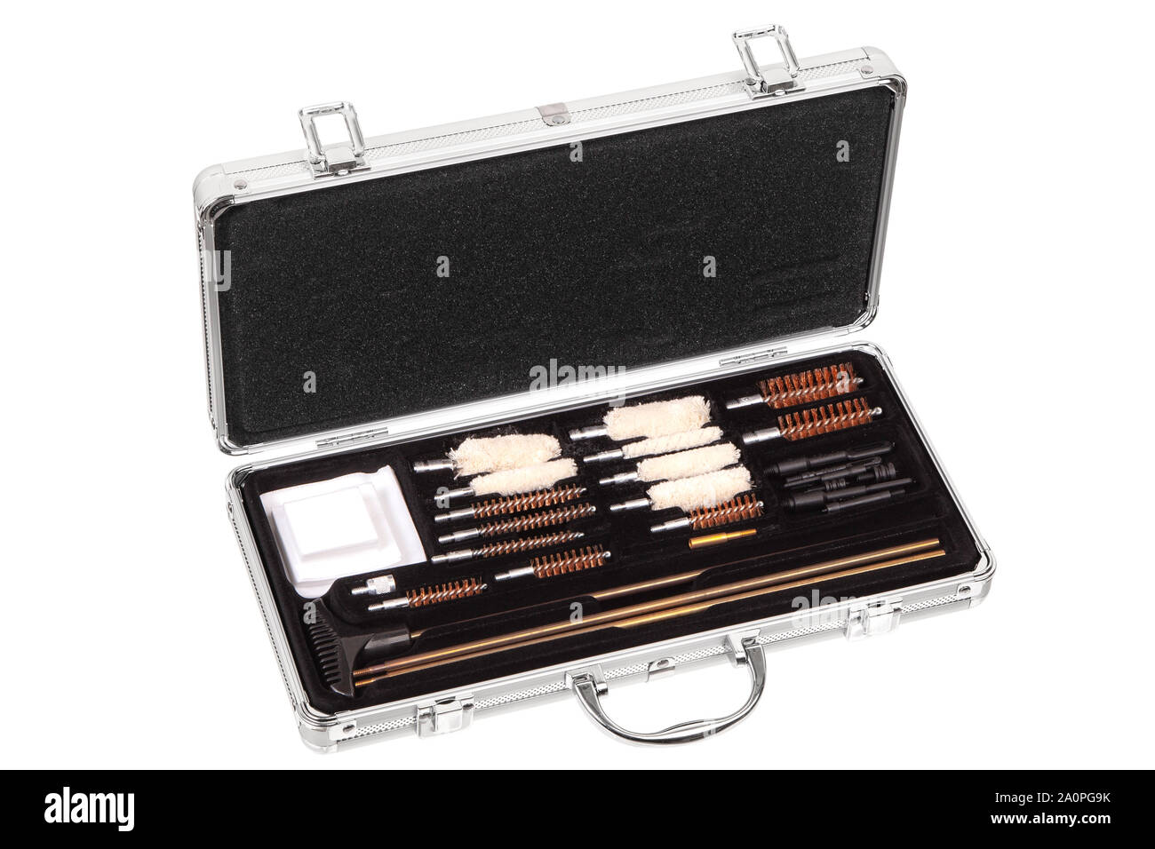 Set for cleaning weapons in a metal case isolate on a white background ...
