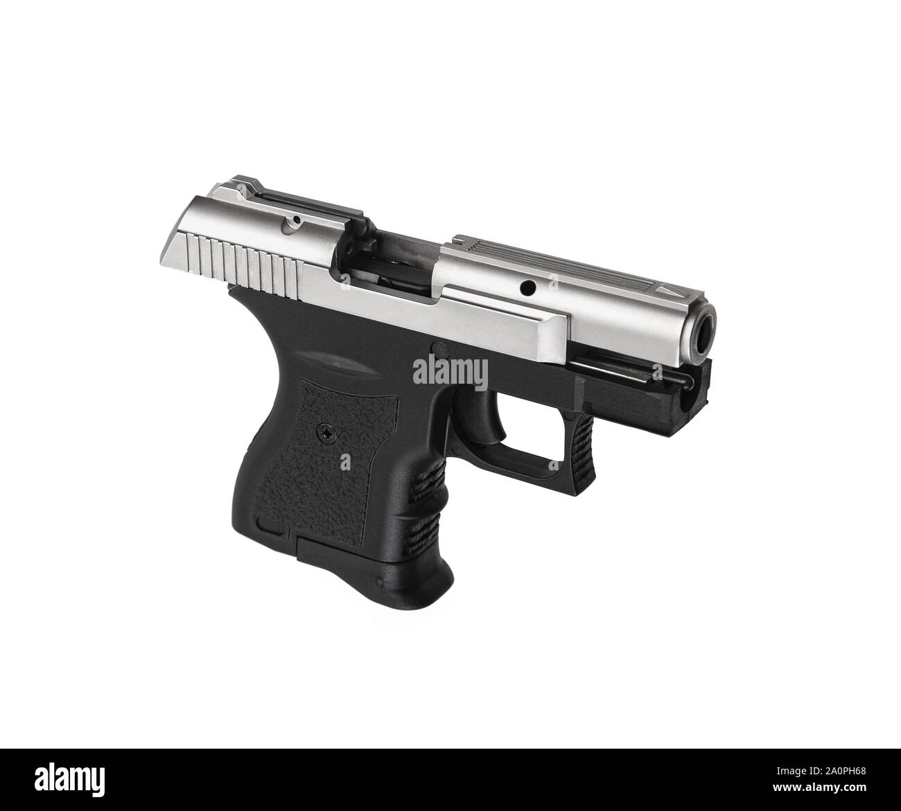 Black-silver modern gun pistol isolate on a white background. A small ...