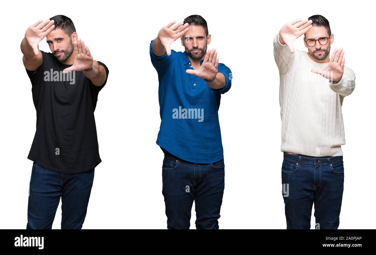 Collage of handsome man over white isolated background Smiling doing ...