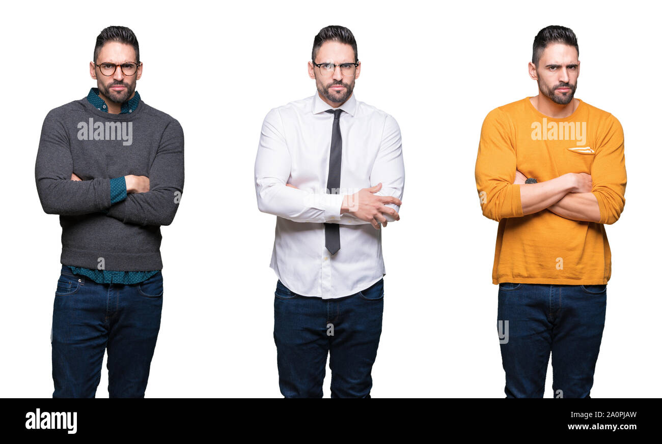 Collage of handsome man over white isolated background skeptic and ...