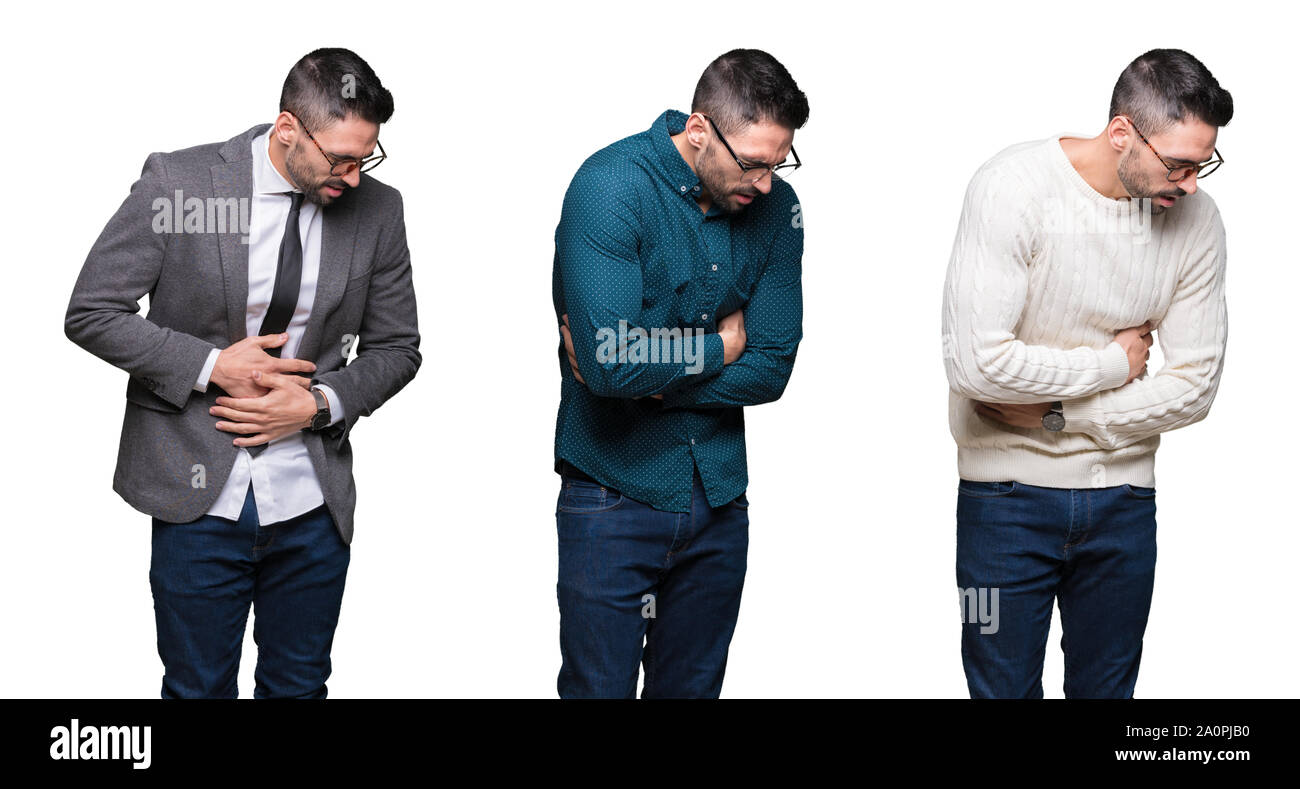 Collage of handsome business man over white isolated background with ...