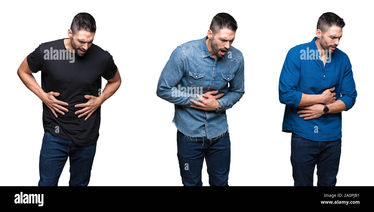 Collage of handsome man over white isolated background with hand on ...