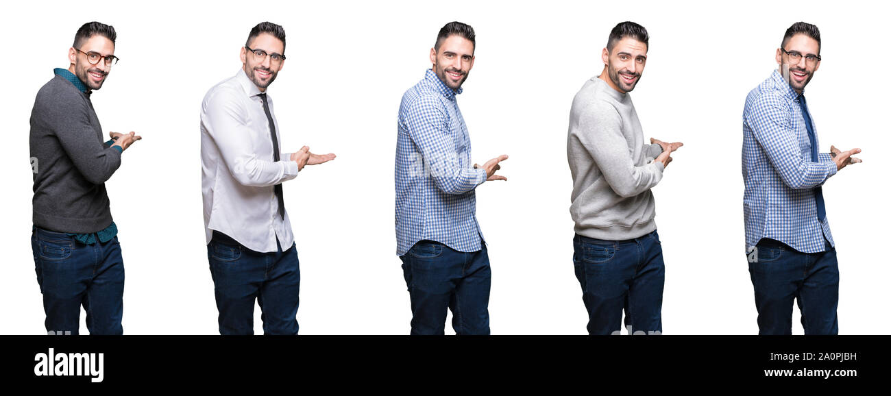 Collage of handsome business man over white isolated background ...