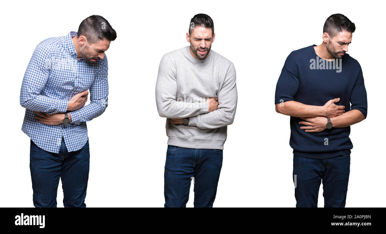 Collage of handsome business man over white isolated background with ...