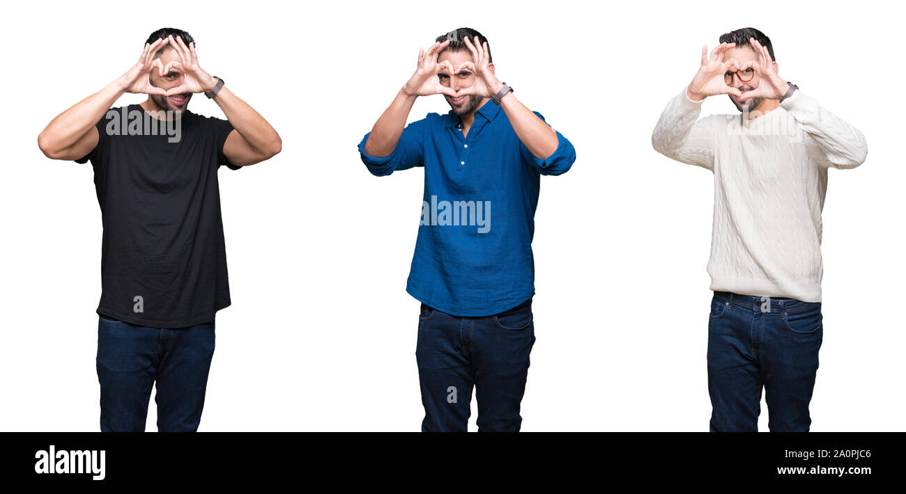 Collage of handsome man over white isolated background Doing heart ...