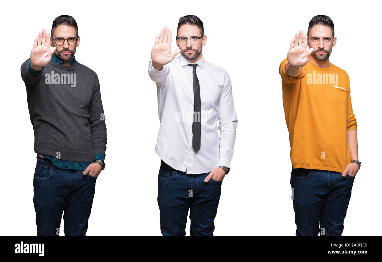 Collage of handsome man over white isolated background doing stop sing ...