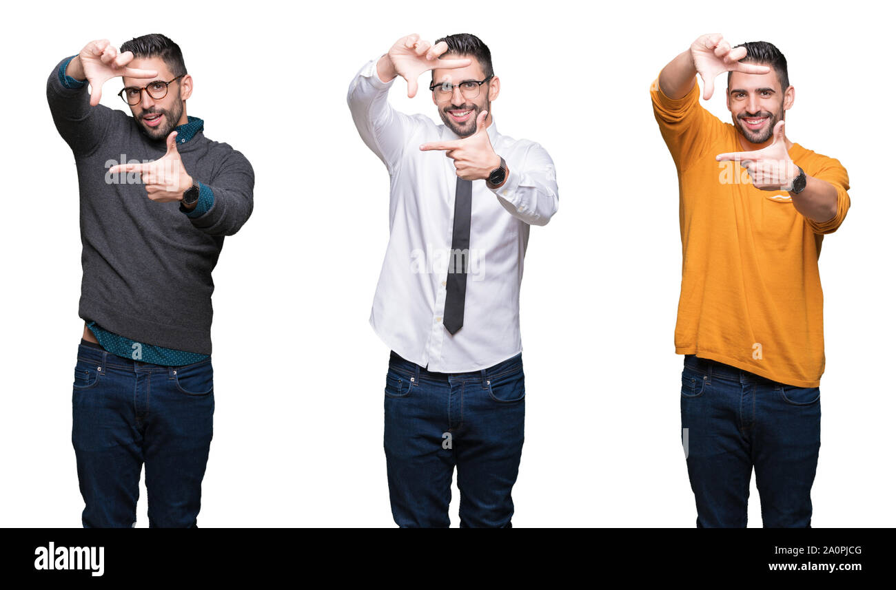 Collage of handsome man over white isolated background smiling making ...