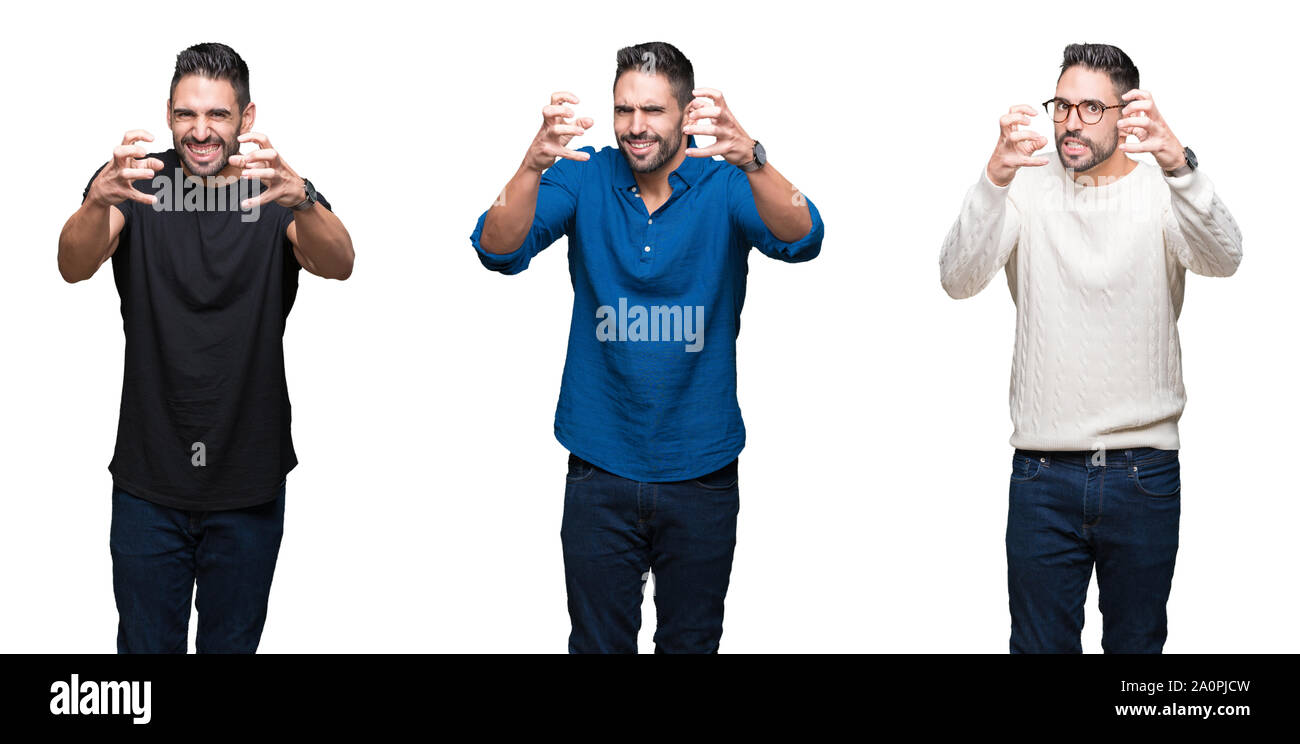 Collage of handsome man over white isolated background Shouting ...