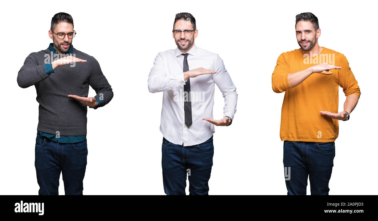 Collage of handsome man over white isolated background gesturing with ...