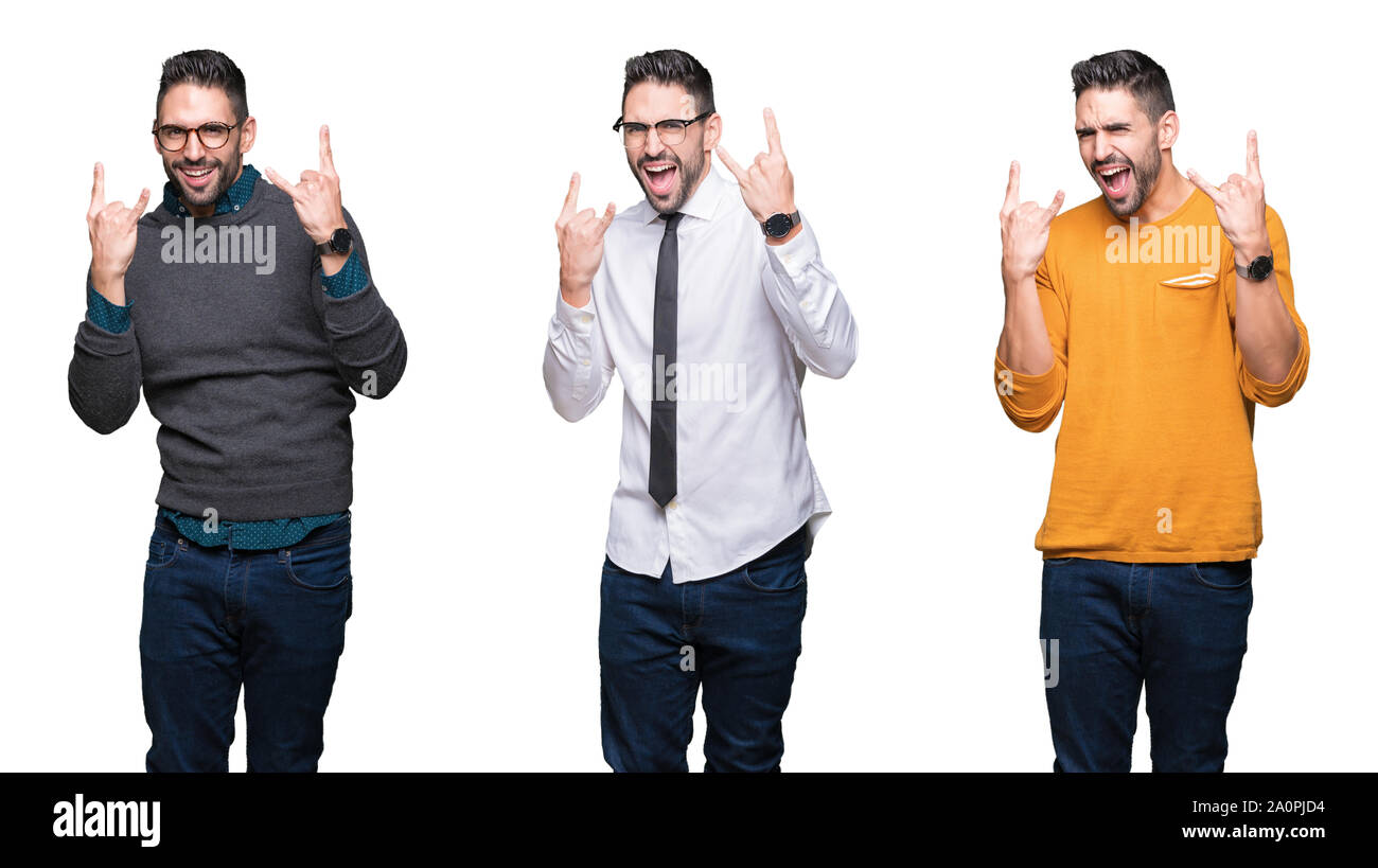 Collage of handsome man over white isolated background shouting with ...