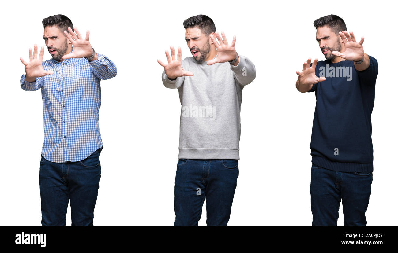 Collage of handsome business man over white isolated background afraid ...